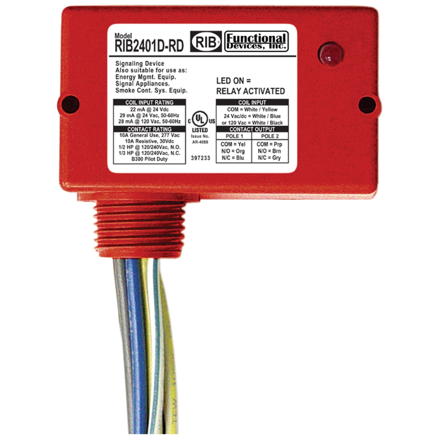 Functional Devices RIB2401D-RD Enclosed Relay 10Amp DPDT 24Vac/dc ...
