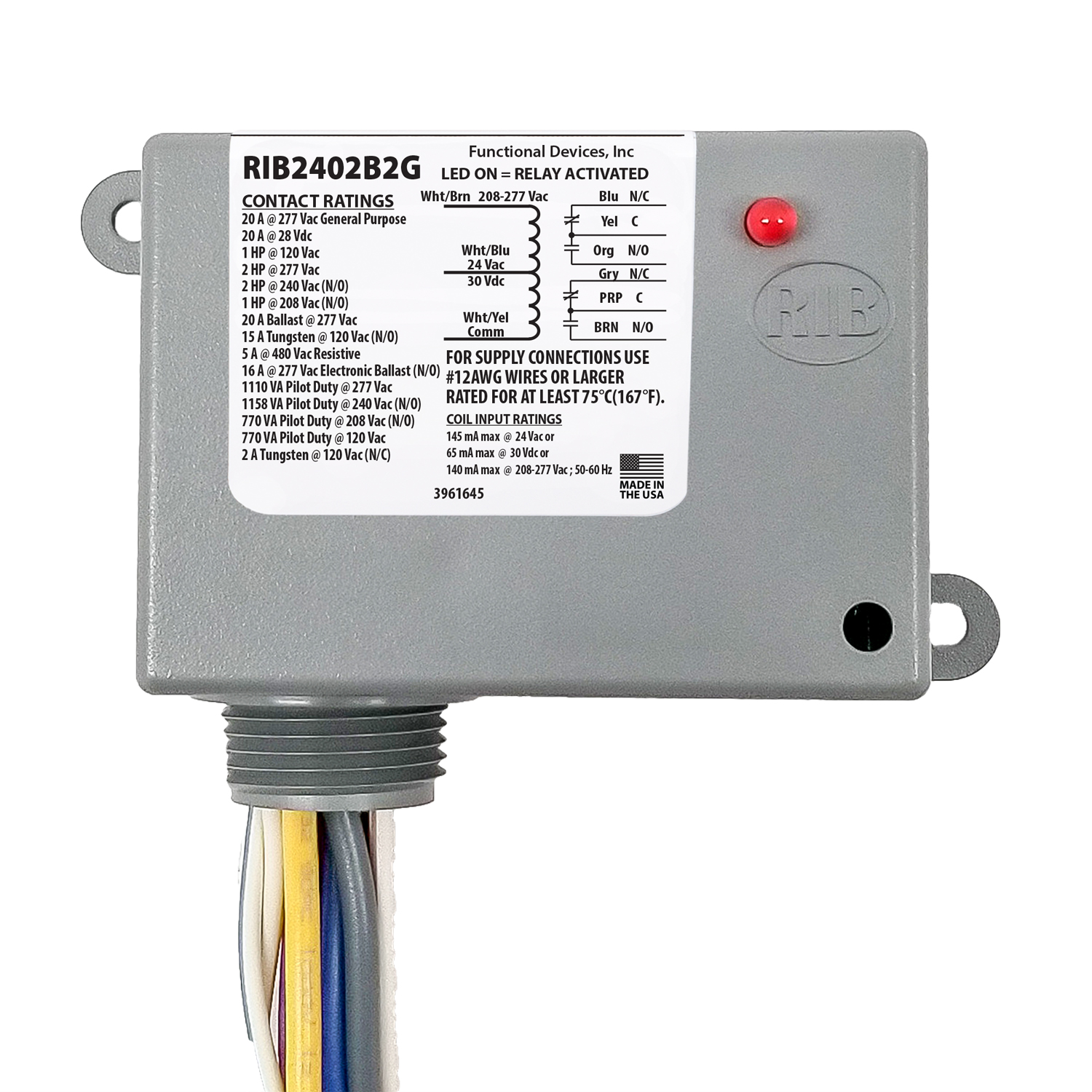 Functional Devices RIB2402B2G Enclosed Relay 20Amp Dual SPDT 24Vac/dc ...