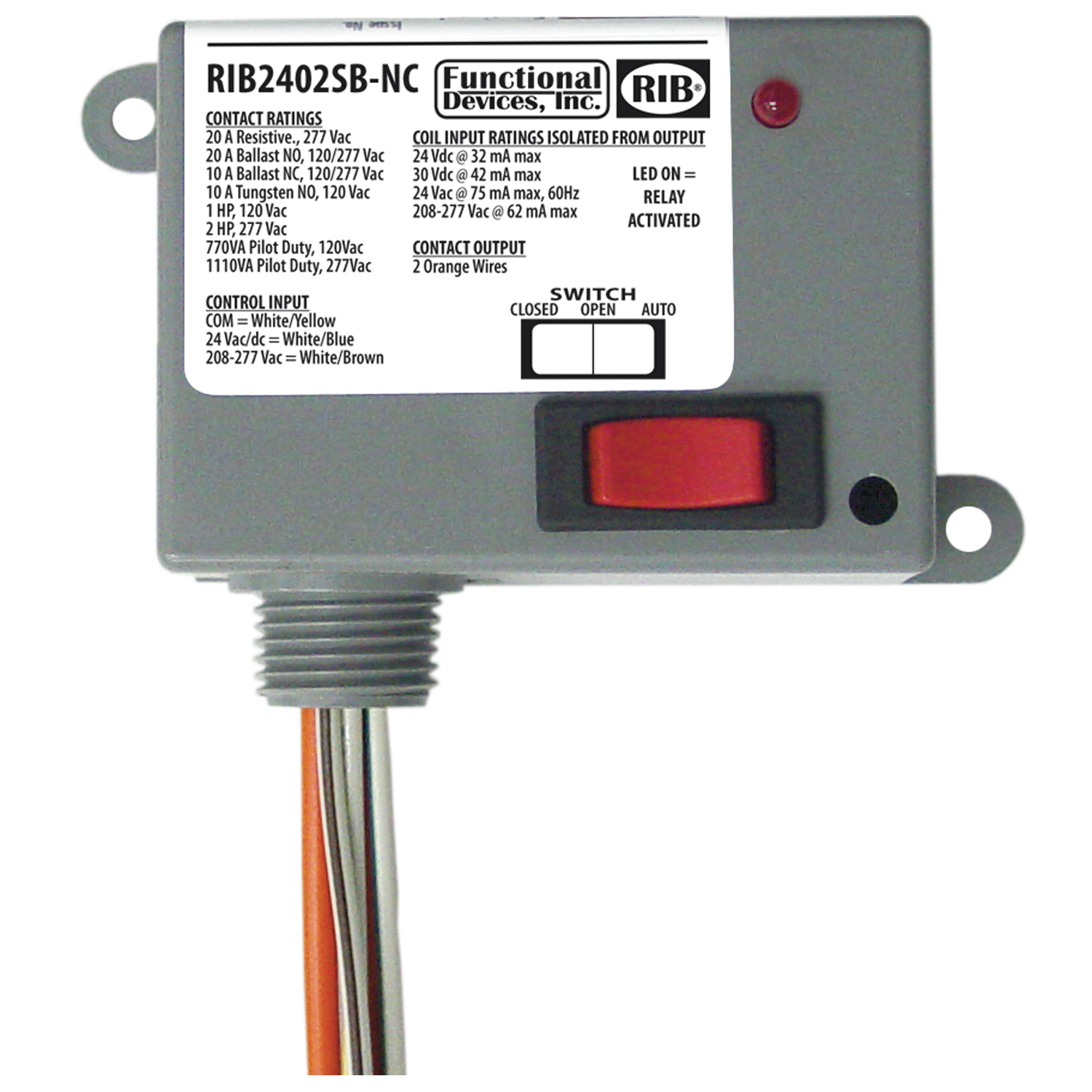 Functional Devices RIB2402SB-NC Enclosed Relay 20Amp SPST-NC 24Vac/dc ...